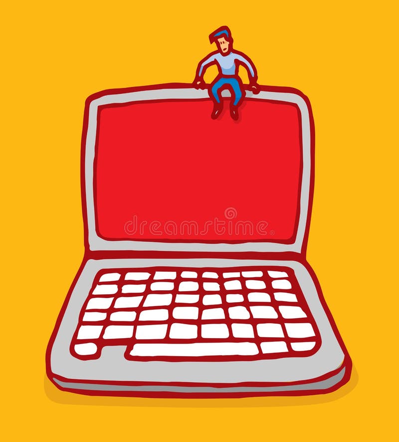 Tiny Man Sitting on Top of Laptop Computer with Blank Screen Stock ...