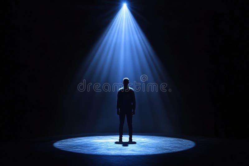A Tiny Man Stands Illuminated in the Spotlight, Looking Ahead ...