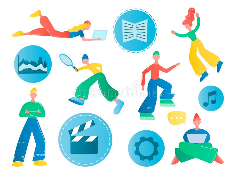 Tiny Millennials Work, Study, and Play Online Stock Vector ...