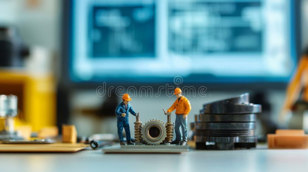 Tiny Miniature Engineers Working and Analyzing Gear on Desk in a ...
