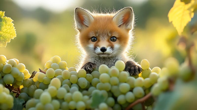 Tiny Miniature Fox Perched on Bunch of Grapes Stock Illustration ...