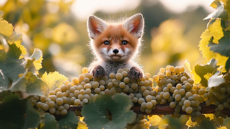 Tiny Miniature Fox Perched on Bunch of Grapes Stock Illustration ...
