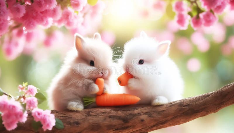 Tiny Miniature Rabbits Eating Carrots in Spring Landscape Stock ...