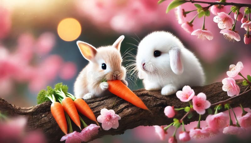 Tiny Miniature Rabbits Eating Carrots in Spring Landscape Stock ...