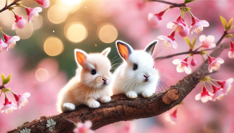 Tiny Miniature Rabbits in Spring Landscape Stock Illustration ...