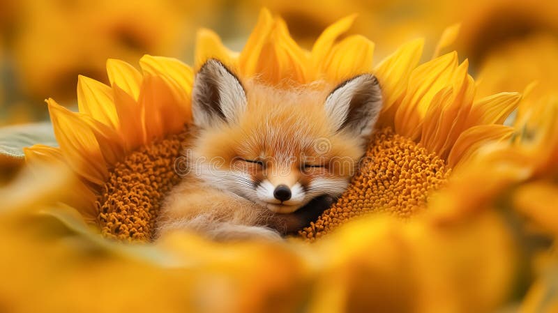 Tiny Miniature Red Fox Lying in a Sunflower Stock Illustration ...