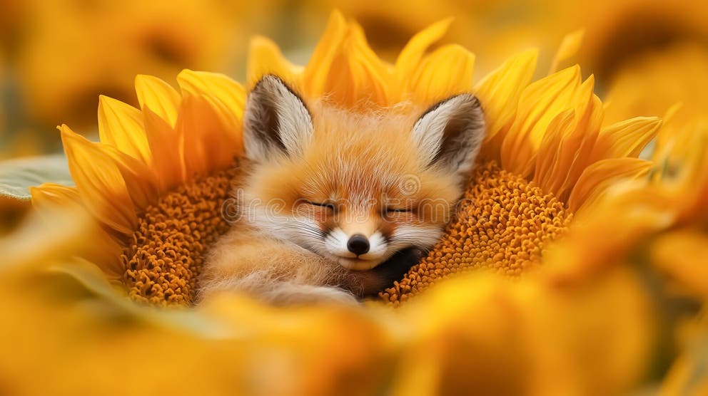 Tiny Miniature Red Fox Lying in a Sunflower Stock Illustration ...