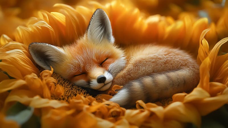 Tiny Miniature Red Fox Lying in a Sunflower Stock Illustration ...