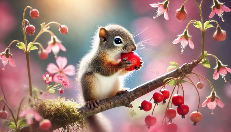 Tiny Miniature Squirrel Eating Berries in Spring Landscape Stock ...