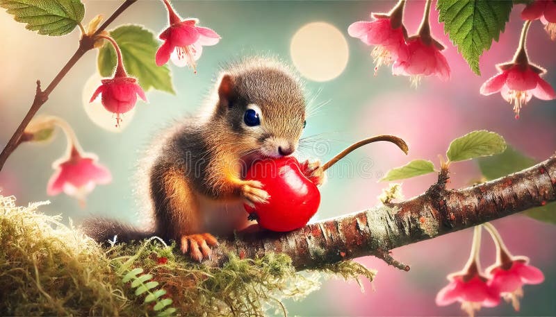 Tiny Miniature Squirrel Eating Berries in Spring Landscape Stock ...