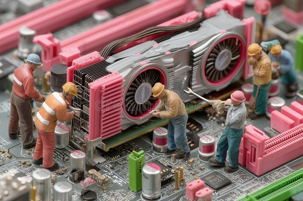 Tiny Miniature Workers Assembling a Massive Graphics Card on a High ...