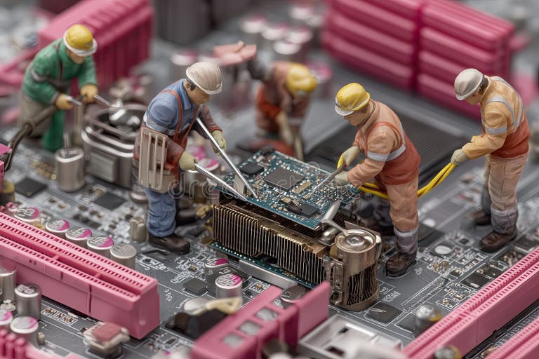 Tiny Miniature Workers Assembling a Massive Graphics Card on a High ...