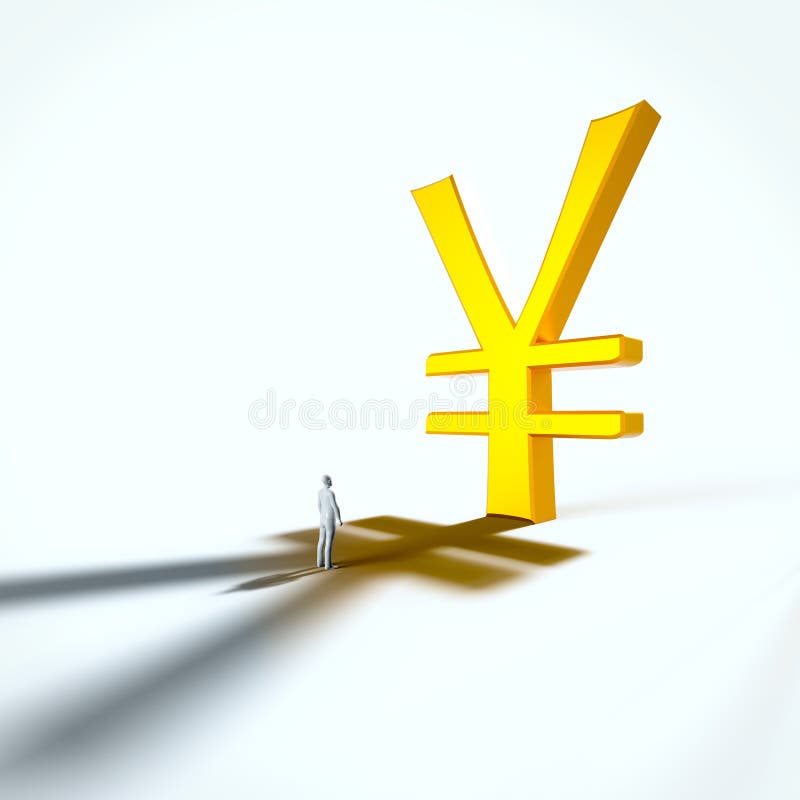 Small White Figure in the Shadow of Huge Perfect Gold Yen on White ...