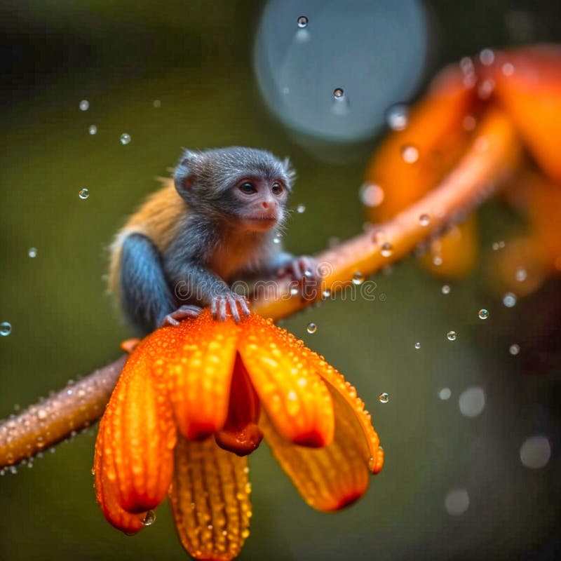 Tiny Monkey Hanging from the Tip of a Bright Flower, Generative AI ...