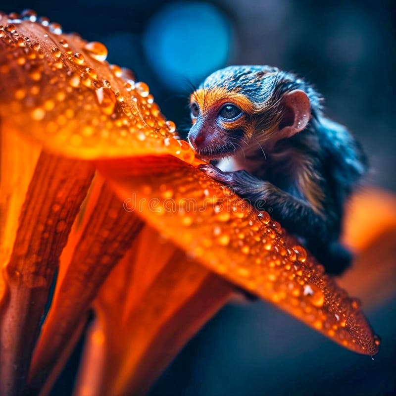 Tiny Monkey Hanging from the Tip of a Bright Flower, Generative AI ...
