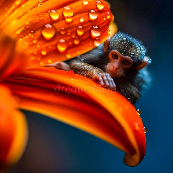 Tiny Monkey Hanging from the Tip of a Bright Flower, Generative AI ...
