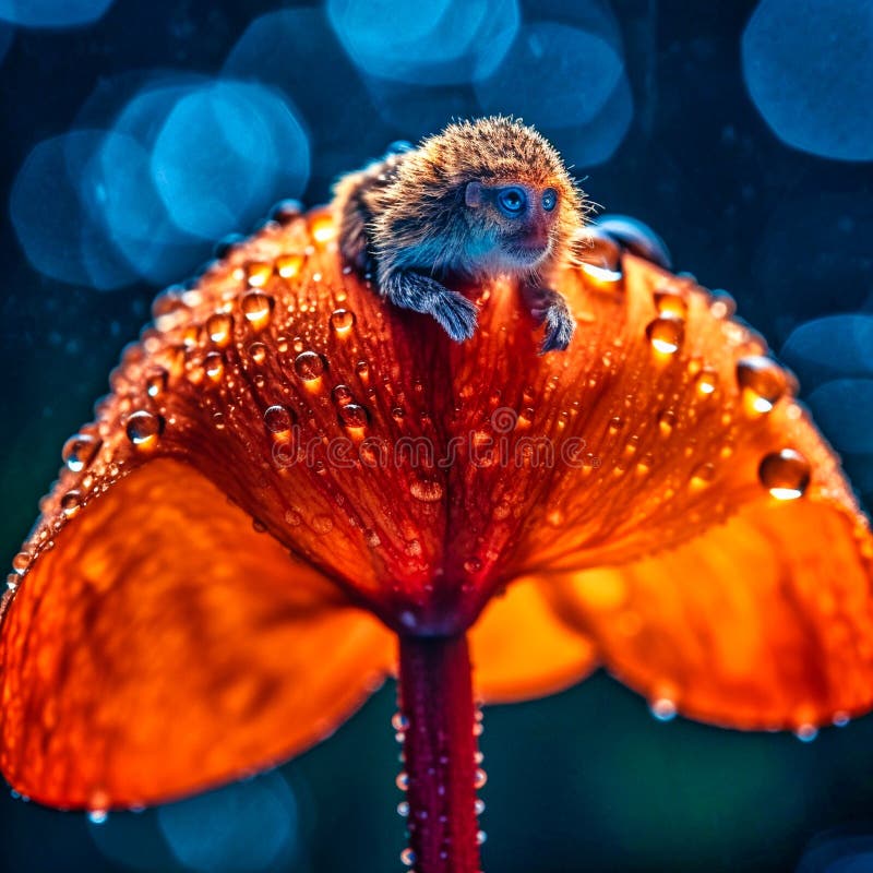 Tiny Monkey Hanging from the Tip of a Bright Flower, Generative AI ...