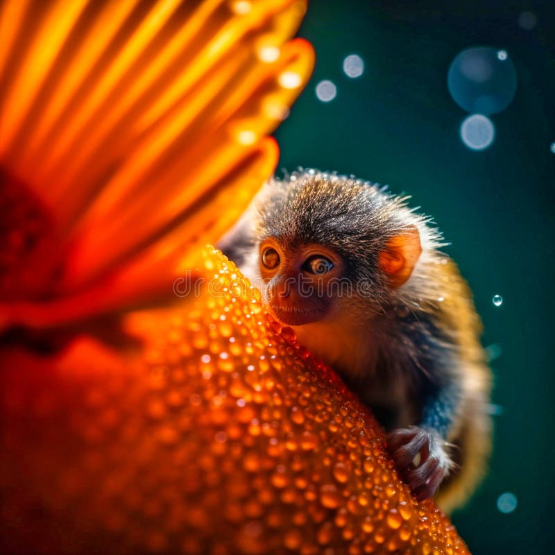 Tiny Monkey Hanging from the Tip of a Bright Flower, Generative AI ...
