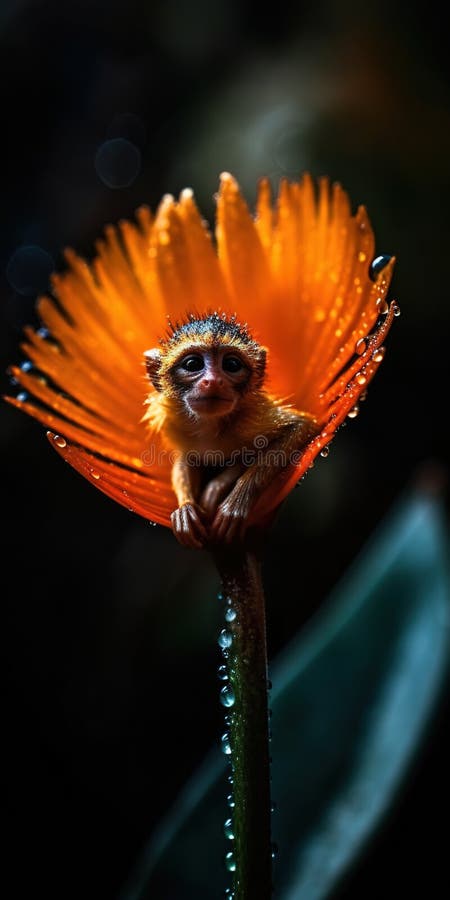 A Tiny Monkey Hanging from the Tip of a Bright Orange Flower ...