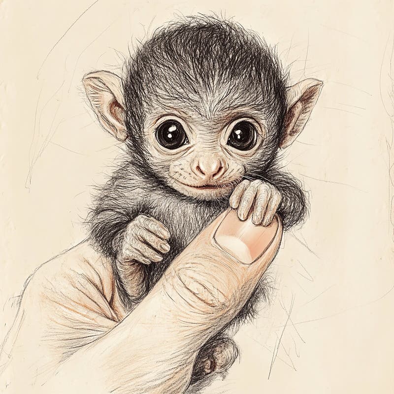 Little Monkey Sitting on the Human Finger, Animal, Drawing Stock ...
