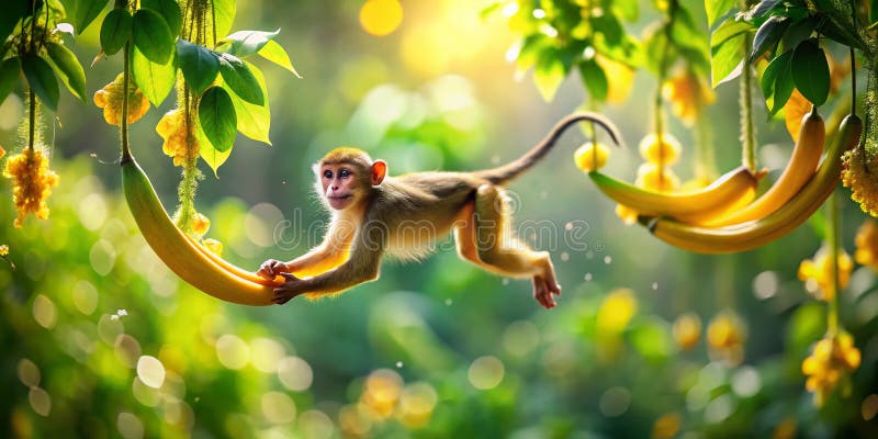 Tiny Monkey Swinging on a Vine with Bananas a TiltShift Miniature ...