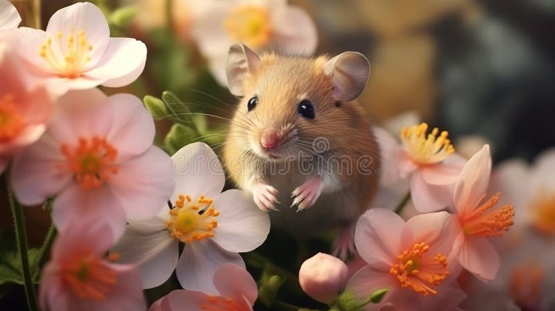 Tiny Mouse Climbing Up a Flower on a Sunny Morning Stock Illustration ...
