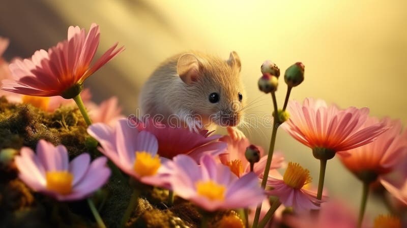 Tiny Mouse Climbing Up a Flower on a Sunny Morning Stock Illustration ...