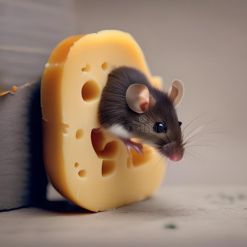 A Tiny Mouse Eating a Piece of Cheese, with Its Tail Curled Up Behind ...