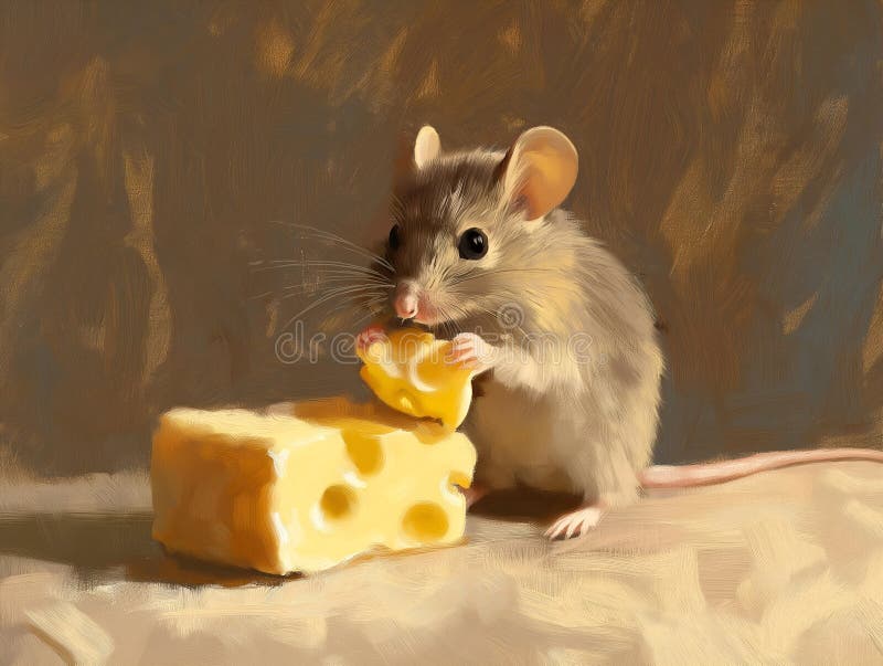 Tiny Mouse Enjoying a Piece of Cheese on a Muted Background Stock ...