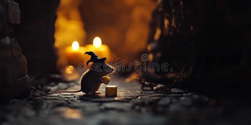 A Tiny Mouse Holding a Piece of Cheese, Wearing a Miniature Witch Hat ...