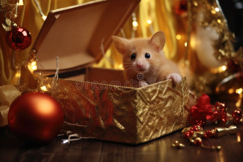 A Tiny Mouse Inside a Golden Gift Box Surrounded by Christmas ...