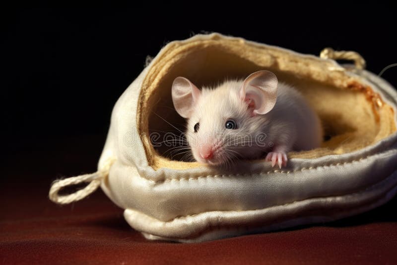 A Tiny Mouse Inside a Slipper, with a Piece of Fabric in Its Mouth ...