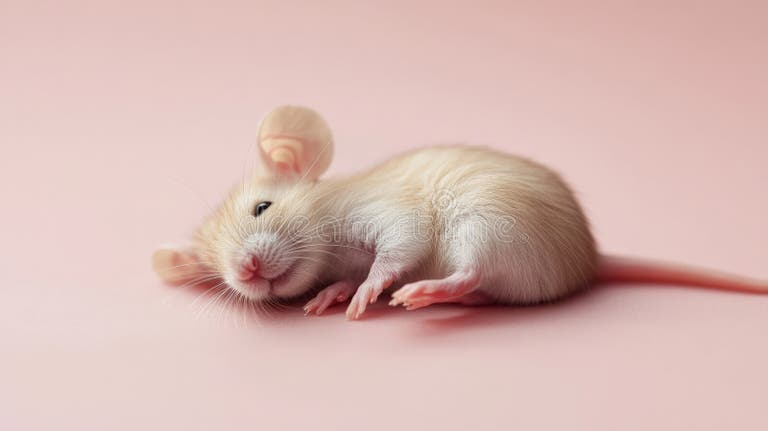 A Tiny Mouse Lying on Its Back on a Pale Pink Background. the Soft ...