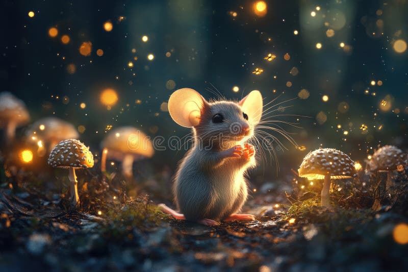 A Tiny Mouse in the Magic Woods with a Fireflies and Glowing Mushrooms ...