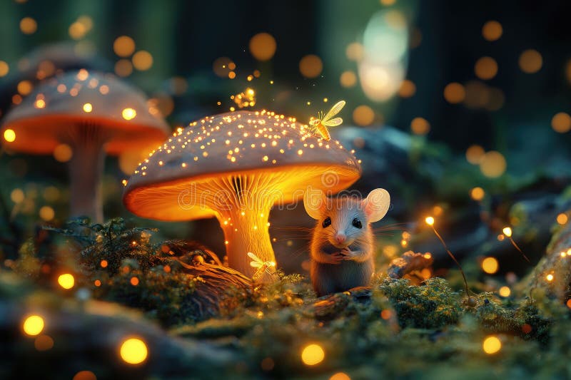 A Tiny Mouse in the Magic Woods with Glowing Mushrooms and a Fireflies ...