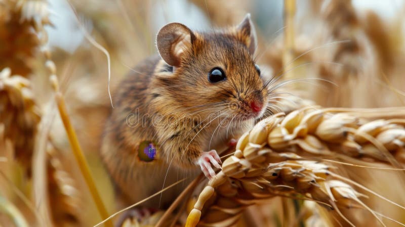 Tiny Mouse Nibbling on Grains in a Vast Wheat Field Surrounded by ...