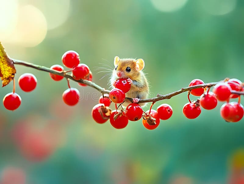 Tiny Mouse Nibbling on Red Berries Hanging on a Branch Stock ...