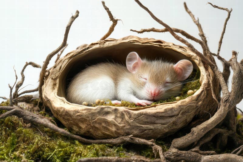 Tiny Mouse Peacefully Sleeping in a Cozy Nest Made from a Hollowed Nut ...