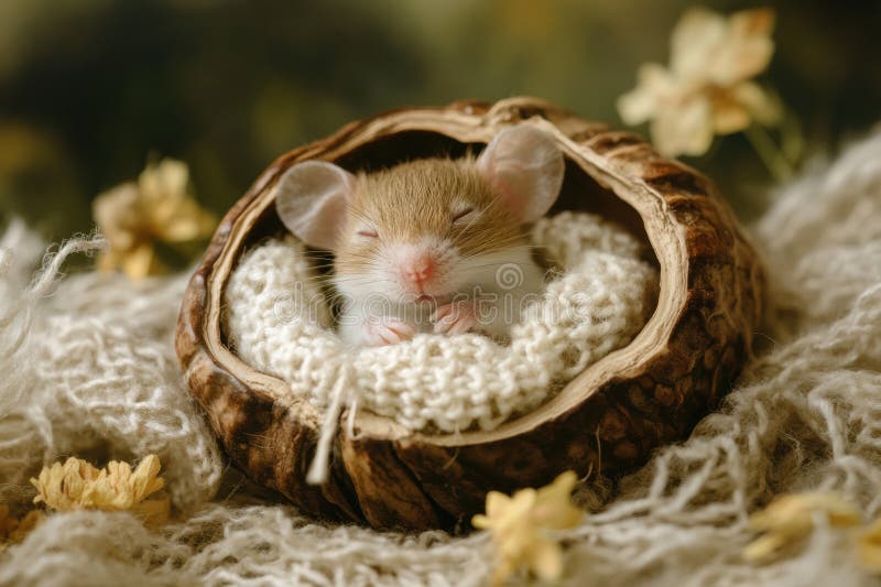 Tiny Mouse Peacefully Sleeping in a Cozy Walnut Shell Bed with a Soft ...