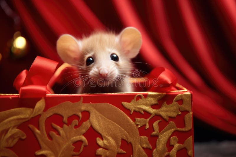 A Tiny Mouse Peeking Out from a Large, Festive Red Gift Box with Golden ...