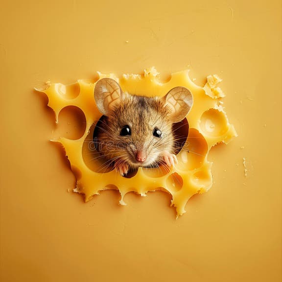 A Tiny Mouse Peeks Out from a Hole in a Slice of Cheese Minimal Stock ...