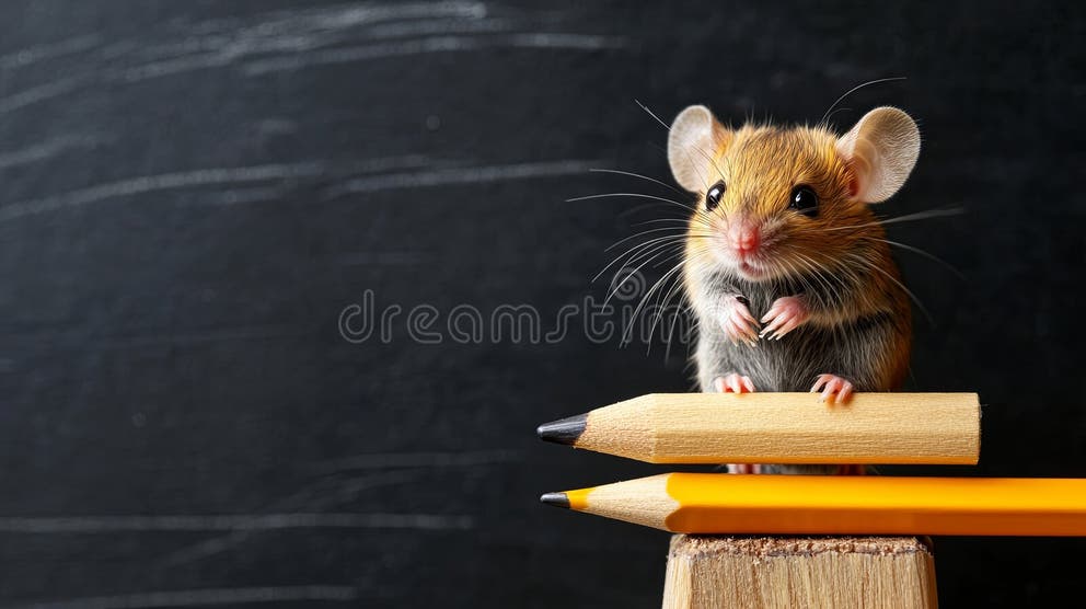 Tiny Mouse on Pencil with Scroll, Blank Chalkboard Behind. Stock Photo ...