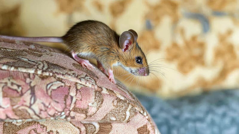 A Tiny Mouse on a Pink Floral Sofa Stock Photo - Image of whiskers ...