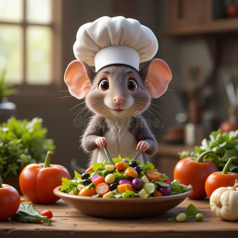 A Tiny Mouse Wearing a Chef Hat, Preparing a Salad with Fresh Farm ...
