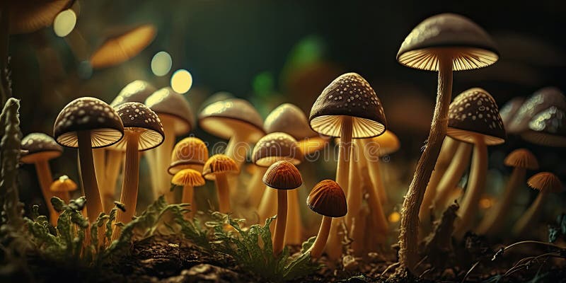 Tiny Mushroom Patch in a Forest. Glowing Growing Fungi. Science ...