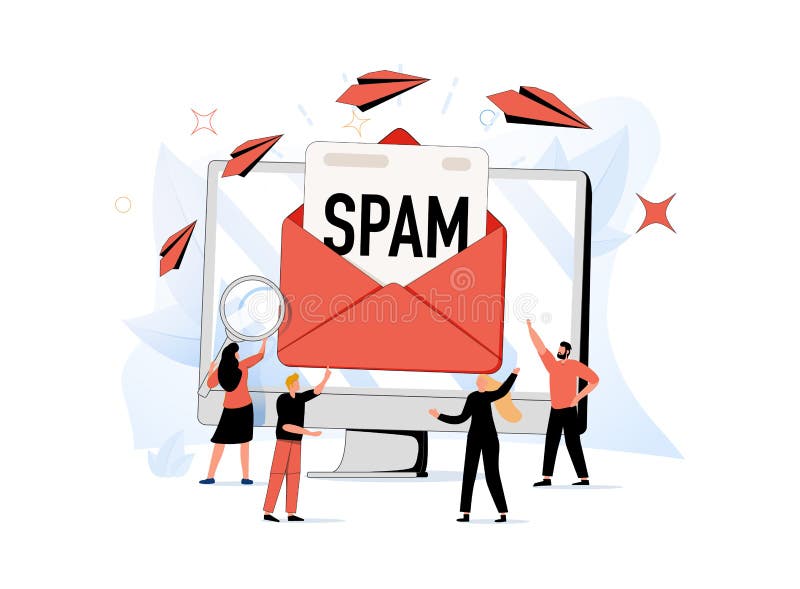 Tiny Office Workers and Envelope with Spam on Computer Screen. Letter ...