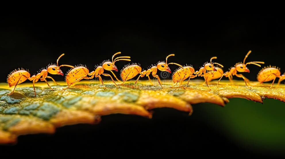 Tiny Orange Ants Marching in a Line on a Leaf Stock Illustration ...