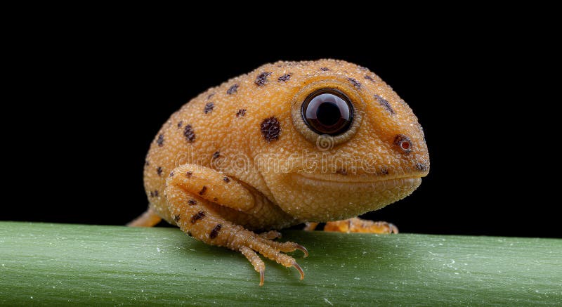 Tiny Orange Spotted Frog on Green Stem Against Black Background Stock ...