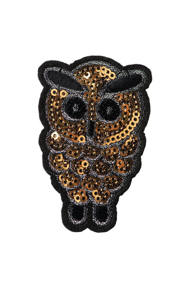 Tiny Owl Embroidered Patch with Golden Sequins Isolated on White ...