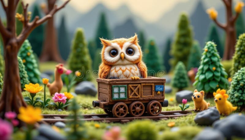 A Tiny Owl Operating a Soft Felt Train through a Miniature Forest ...